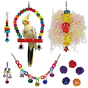 Yibager 10 Packs Bird Swing Toys wtih Bells Natural Parrot Chewing Toys Bird Cage Hanging Toys Suitable for Small Parakeet Cockatiel