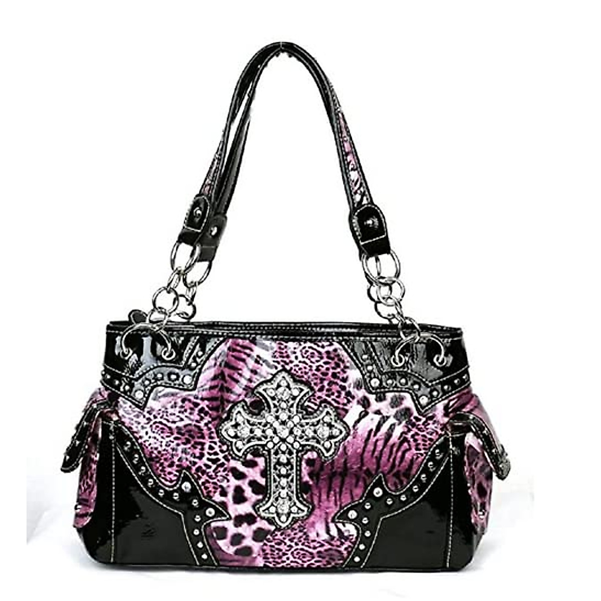 western rhinestone cross leopard concealed carry handbag with matching wallets in 3 colors (Purple)