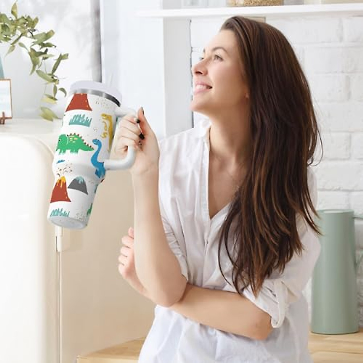 RPLIFE Cute Cartoon Dinosaurs White Coffee Tumbler with Handle, Stainless Steel Bottle, Insulated Cup with Straw, Coffee Tumbler for Women