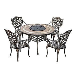 QHYXT Outdoor Fire Pit 122cm/48 Garden Grill Table - Wood Burning Fire Pit, Aluminum Round Indoor and Outdoor Table and Chair Set-with 4 Chairs, Suitable for Garden Terrac