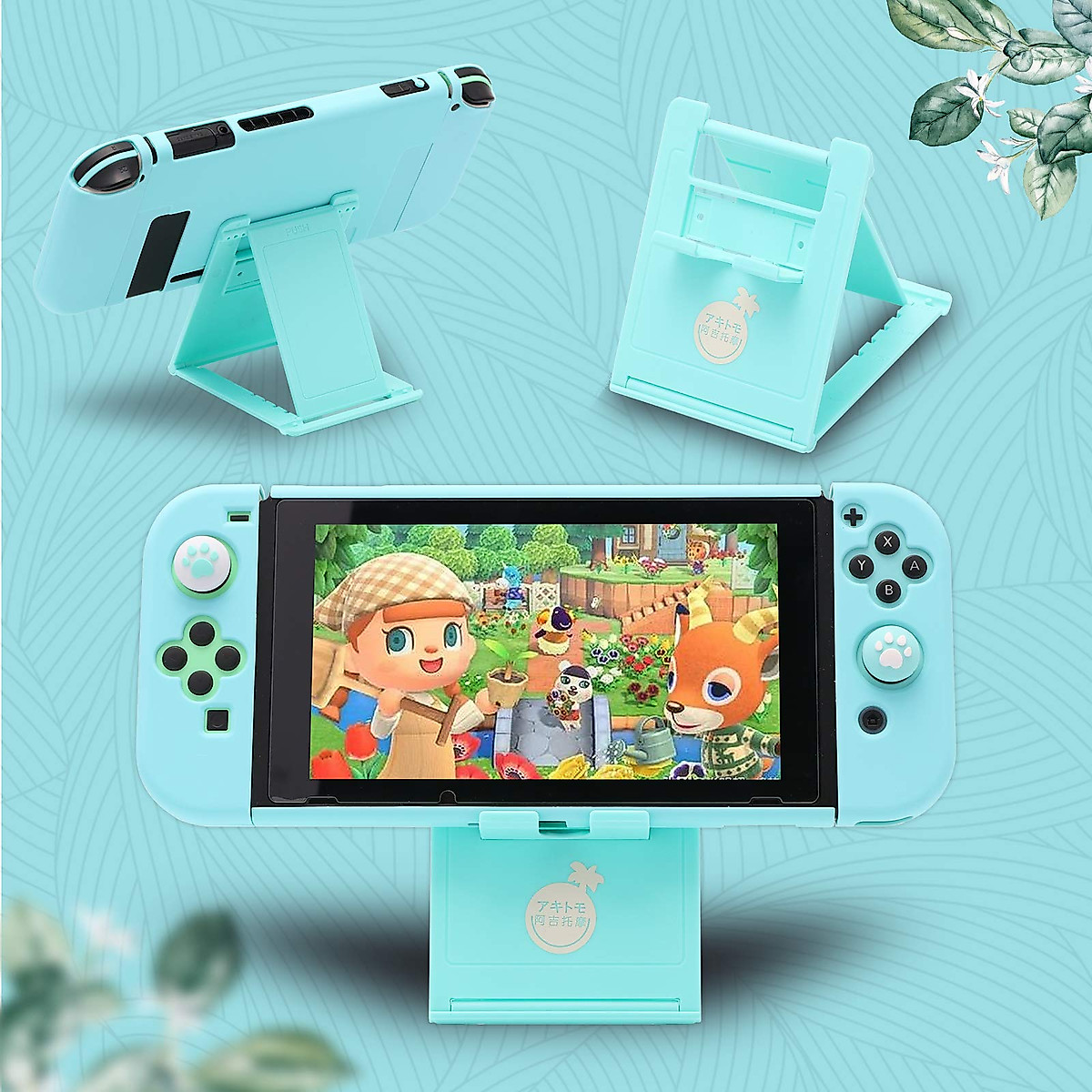 Switch Animal Crossing Accessories, Switch Animal Crossing Case, Green Switch Case, Thumb Grips, Headset Adapter, Adjustable Stand, Screen Protector, Wrist Strap and Shoulder Strap - Green