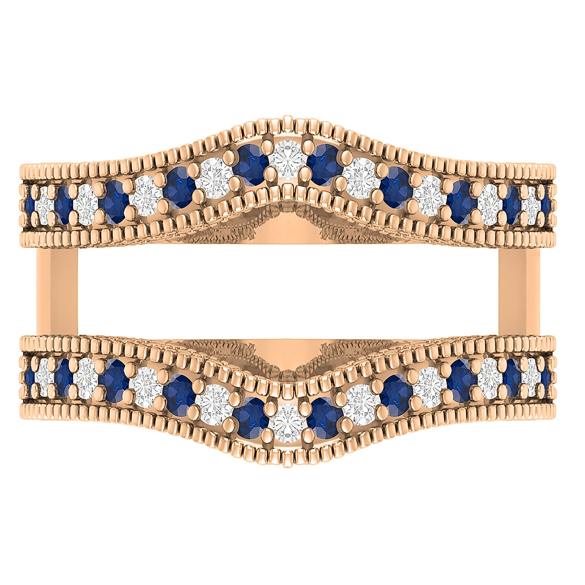 Dazzlingrock Collection Round Blue Sapphire & White Diamond Millgrain Double Guard Wedding Band for Women in 14K Rose Gold, Size 4
