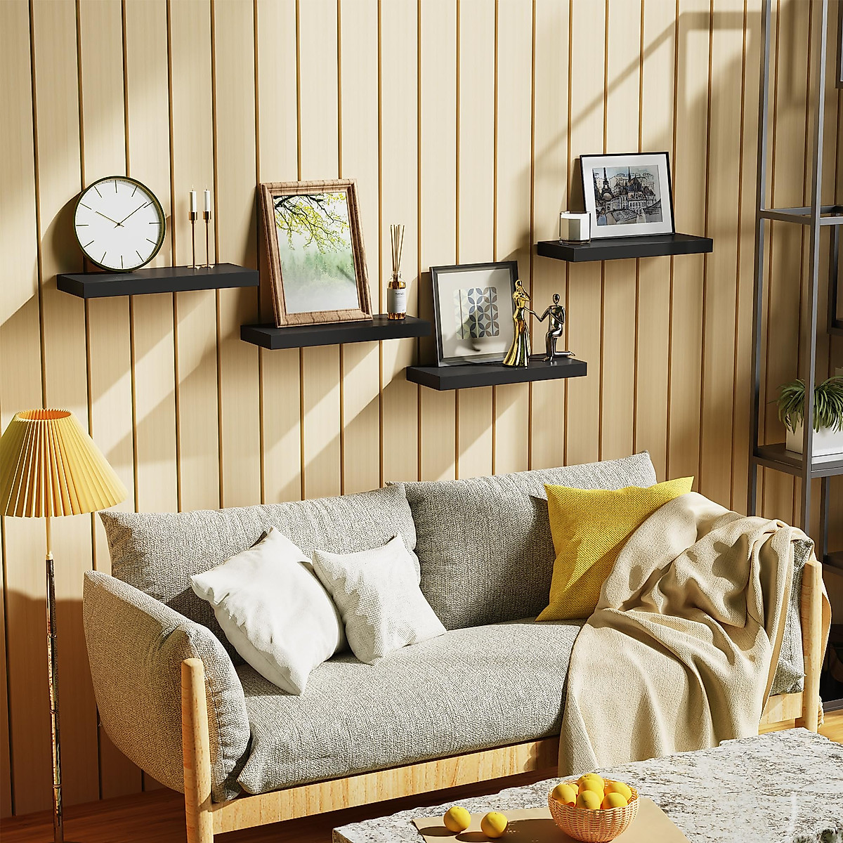 Bellsal Floating Shelves, Black Engineered Wood Wall Shelf Set of 2, 15" Wall Mounted Floating Shelf, Hanging Wooden Shelf Invisible with Brackets for Bedroom, Kitchen, Living Room, Bathroom Decor