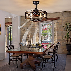 IYUNXI Caged Ceiling Fans with Lights Farmhouse, 18 Inch Flush Mount Vintage Bladeless Rustic Chandeliers Fan Remote Bedroom 6 Light E12 Bulb Base