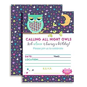Night Owl Slumber Birthday Party Themed Party Invitations, 20 5x7 Fill In Cards with Twenty White Envelopes by AmandaCreation