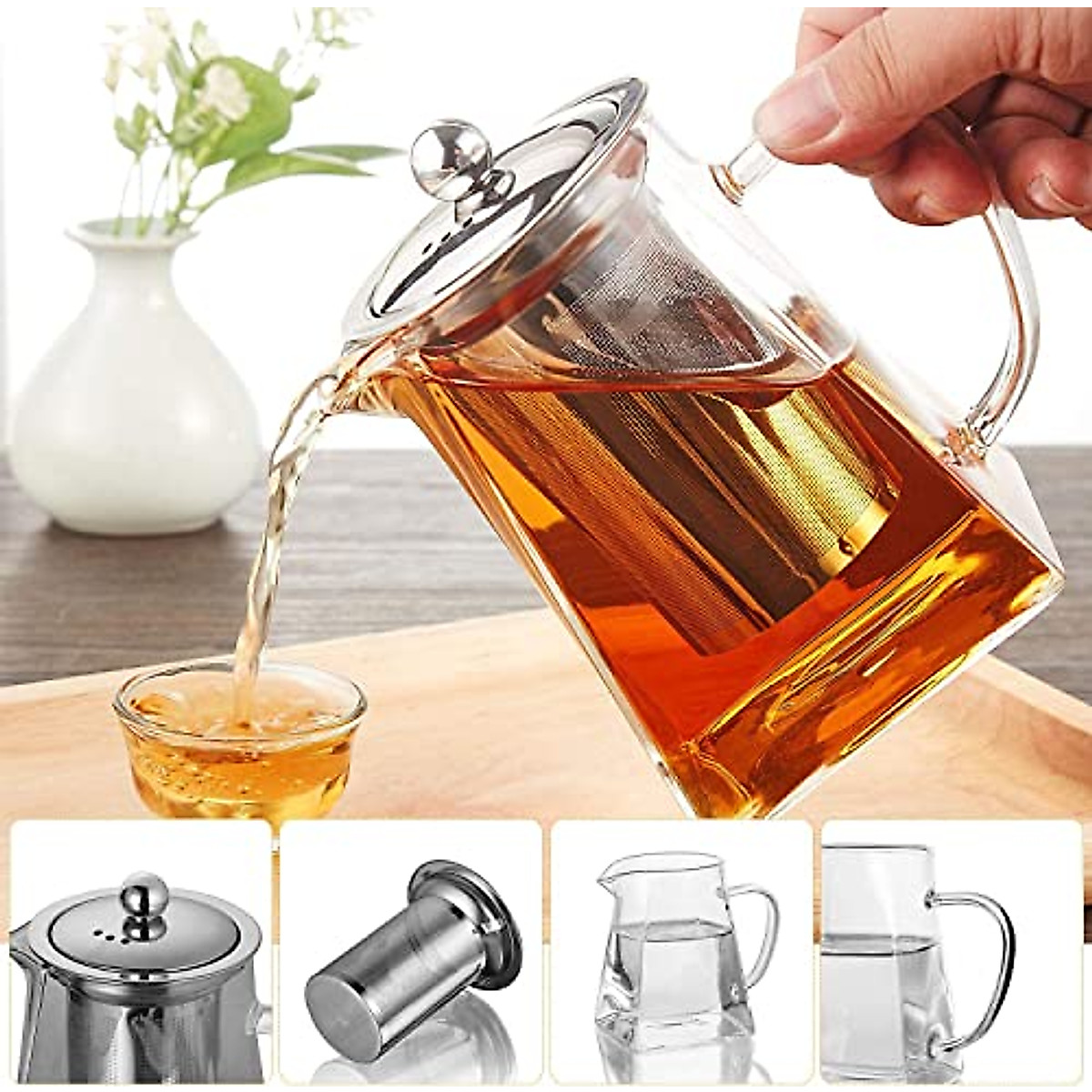 Aottop Square Glass Teapot with Infuser, 500 ml Borosilicate Tea Pot with Strainer, Clear Leaf Tea Pots for Loose Tea (500ML)