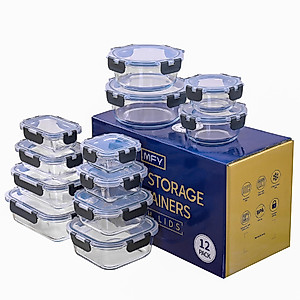 MFY 12-Pack Glass Storage Containers with Lids, Glass Meal Prep Containers Set, Airtight Glass Lunch Containers with Lids, Microwave, Oven, Freezer and Dishwasher Safe, Gray