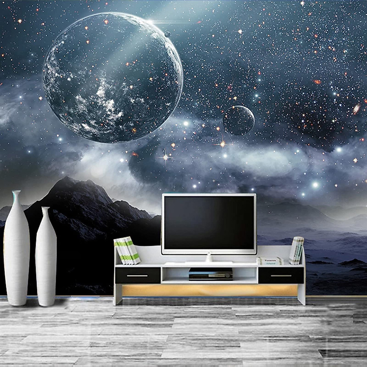 Planet Stars Wallpaper 3D Mural, Mountains Night Wall Mural Posters, Durable Waterproof Environmentally Friendly Decortion for Bedroom, Bathroom, Study Room, Living Room-59X39.4 Inches (WxH)