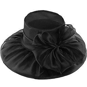 Acecharming Womens Sun Hat Organza Wide Brim Wedding Hats Ladies Summer Gauze Cap for Church Wedding Party Beach Travel Outgoing(Black)
