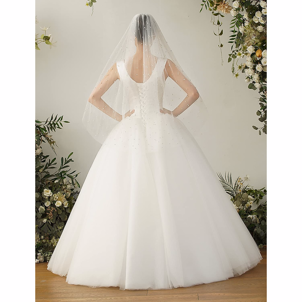 ELAWBTY Womens 1 Tier Fingertip Length Pearl Wedding Bridal Veil With Comb X06 Ivory