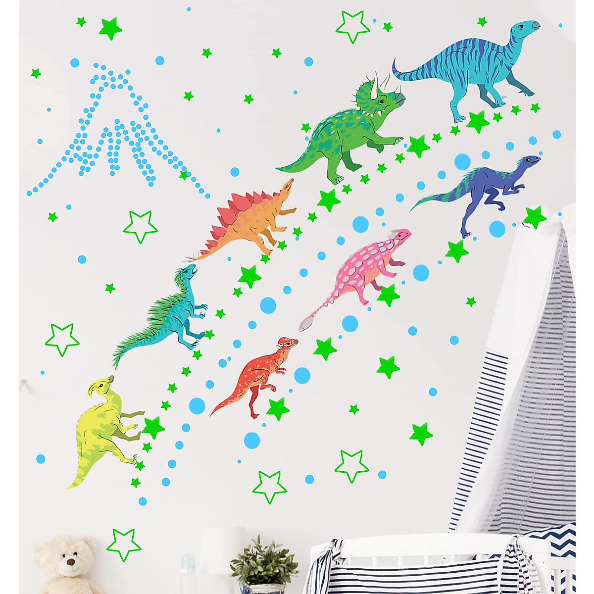 Glow in The Dark Dinosaur Wall Decals - 652Pcs Dinosaur Wall Stickers for Boys Room,Kids Wall Decor Stars for Baby Nursery Boys Bedroom Ceiling (Green Dinosaur)