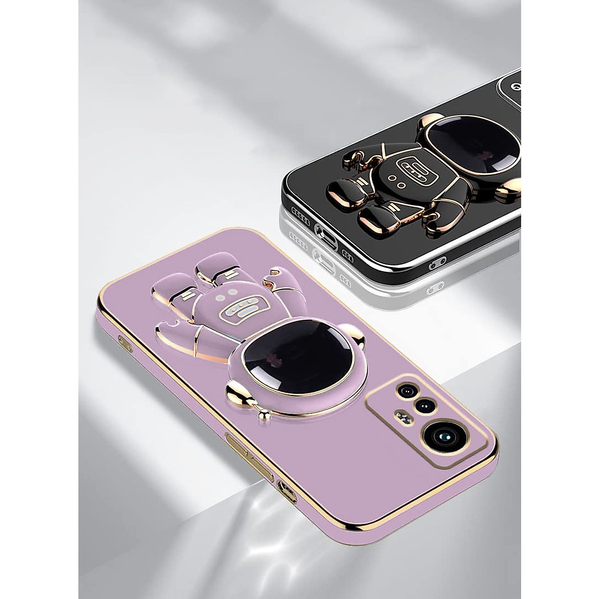 Compatible with Redmi Note 12s Case with Plating Creative Astronaut Cartoon Holder Pink, Xiaomi Redmi Note 12s Phone Case Silicone Shockproof Stand Soft TPU Protective Slim Cover (Purple)