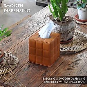 Luxury 5 Star Hotel Style Tissue Box Cover - Sturdy and Stylish Tissue Box Holder with a Custom Height and Modern PU Leather Exterior, 13.5x13.5x15cm - Light Brown