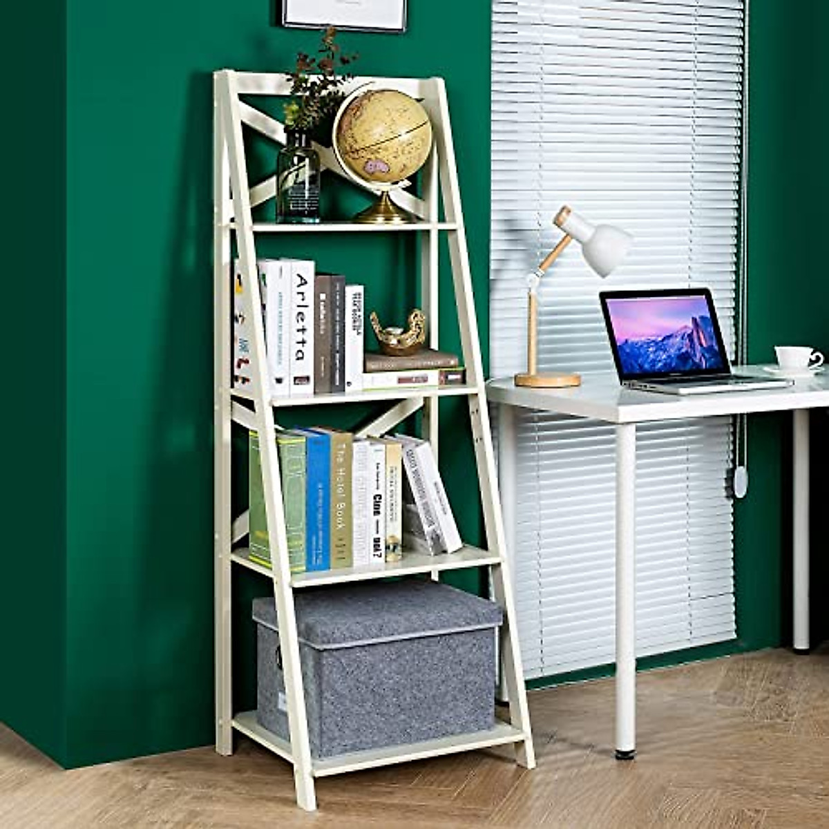 ZENODDLY Ladder Shelf White Ladder Bookshelf, 56.3in Tall Standing Ladder Shelves for Living Room Bathroom Furniture Bedroom Display Shelf, Wooden Leaning Bookshelf Ladder Bookcase Plant Shelf Indoor