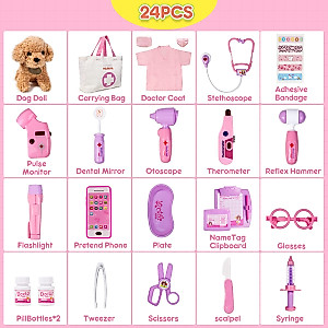 Meland Toy Doctor Kit for Girls - Pretend Play Doctor Set with Dog Toy, Carrying Bag, Stethoscope Toy & Dress Up Costume - Doctor Play Gift for Kids Toddlers Ages 3 4 5 6 Year Old for Role Play