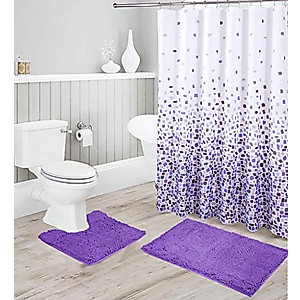 Luxury Chenille Bath Mats and Ombré Shower Curtain Set, Ultra Soft Non-Slip High Pile Water Absorbent Shaggy Chenille Bathroom Rugs and Abstract Mosaic Shower Curtain 15 Piece Set-Jasmine (Purple)