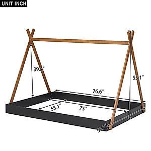 Acosure Full Size Tent Wood Floor Bed with Triangle Structure&X-Shaped Safety Railings,Montessori Style House Tent-Bed Frame for Boys Girls Teens,No Box Spring Required,Black+Brown