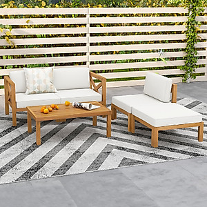 Tangkula 5 Piece Outdoor Conversation Furniture Set, Acacia Wood Sectional Sofa Set with 3 Chairs, 1 Ottoman & 1 Coffee Table, Patio Cushioned Sofa Set for Porch, Yard, Poolside (Off White)