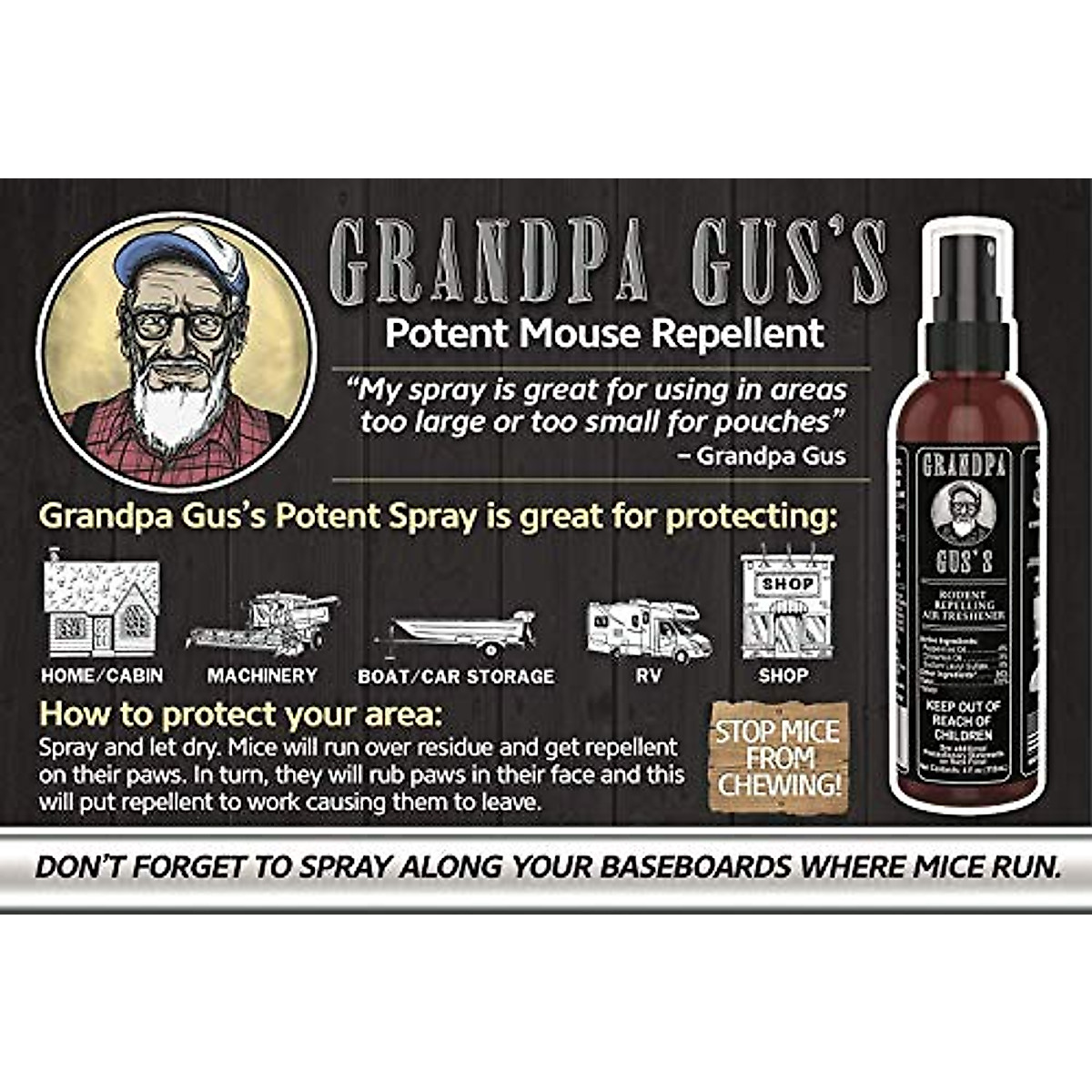 Grandpa Gus's Potent Mouse Repellent Spray, Peppermint & Cinnamon Oil Formula, Repels Mice & Rats from Nesting, Chewing in Homes/RV, Boat/Car, Storage & Wiring, 8 oz (2 Bottles)