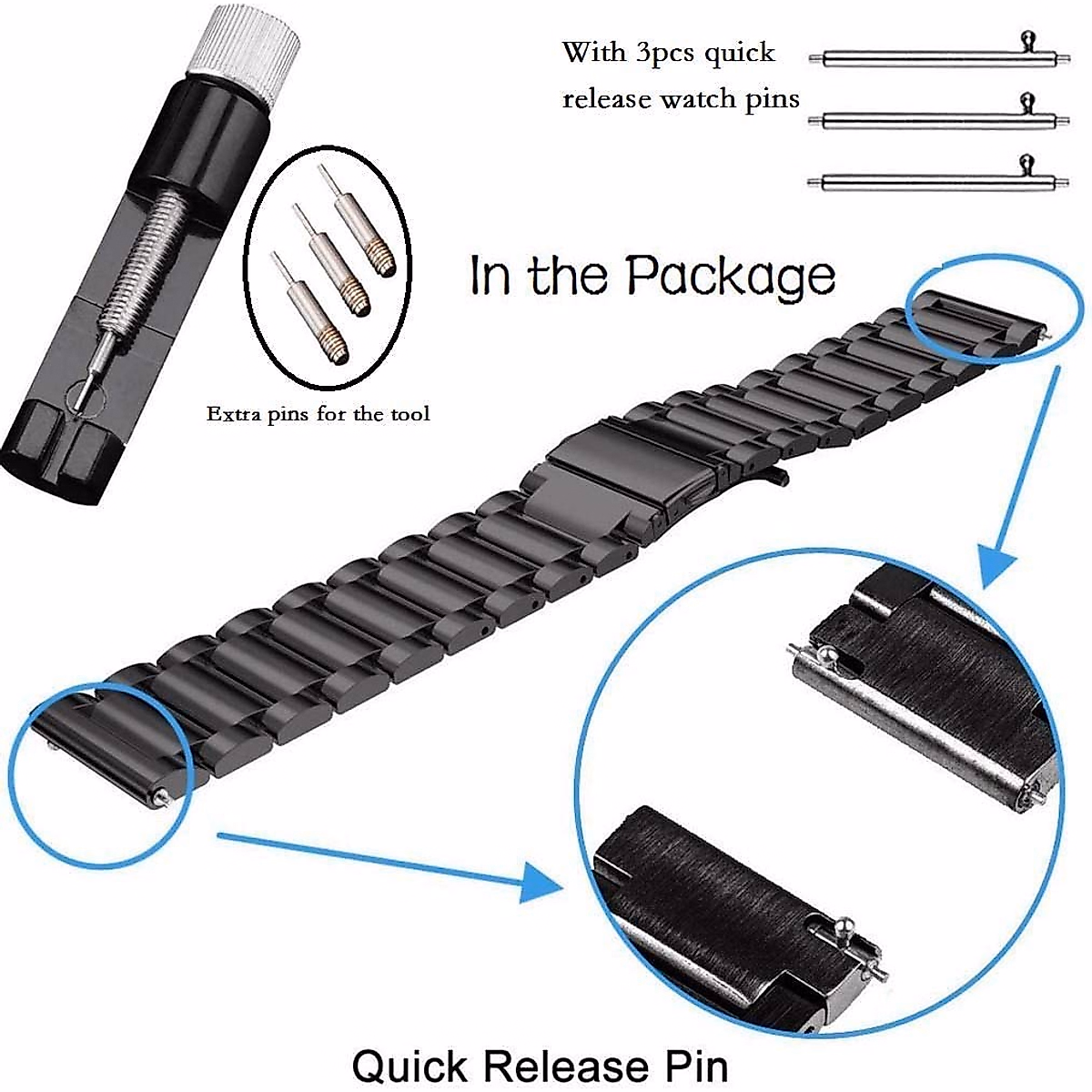 Olytop Galaxy Watch 4/6/7 Classic 47mm 46mm 43mm 42mm/5 Pro 45mm Bands, Samsung Galaxy Watch 7/FE/6/5/4 Bands 44mm 40mm, 20mm Metal Stainless Steel Replacement Wristband Strap for Men Women, Black