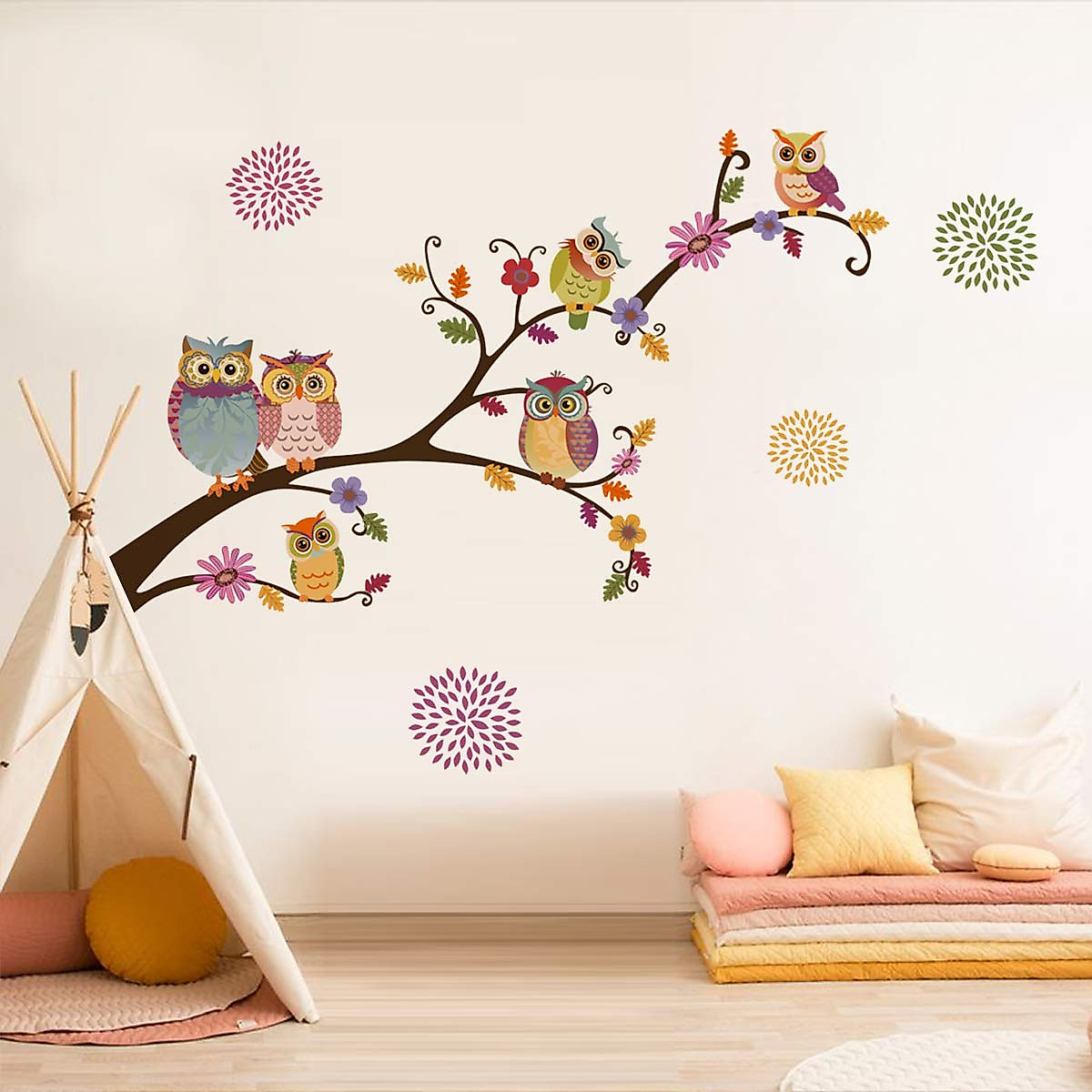 decalmile Owl Tree Branch Wall Stickers Flower Wall Decals Kids Baby Nursery Bedroom Wall Decor