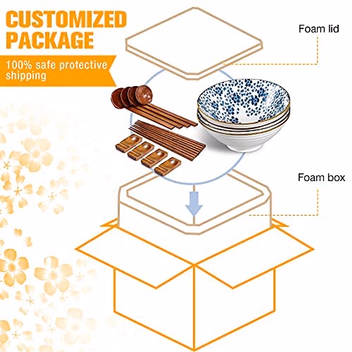 Geiserailie Ceramic Ramen Bowl, 40 oz Japanese Large Noodle Bowls with Spoons, Chopsticks and Chopsticks Stand for Udon, Soba, Pho, Noodles, Ramen, Salad and Soup, Set of 4 (Classic Style)