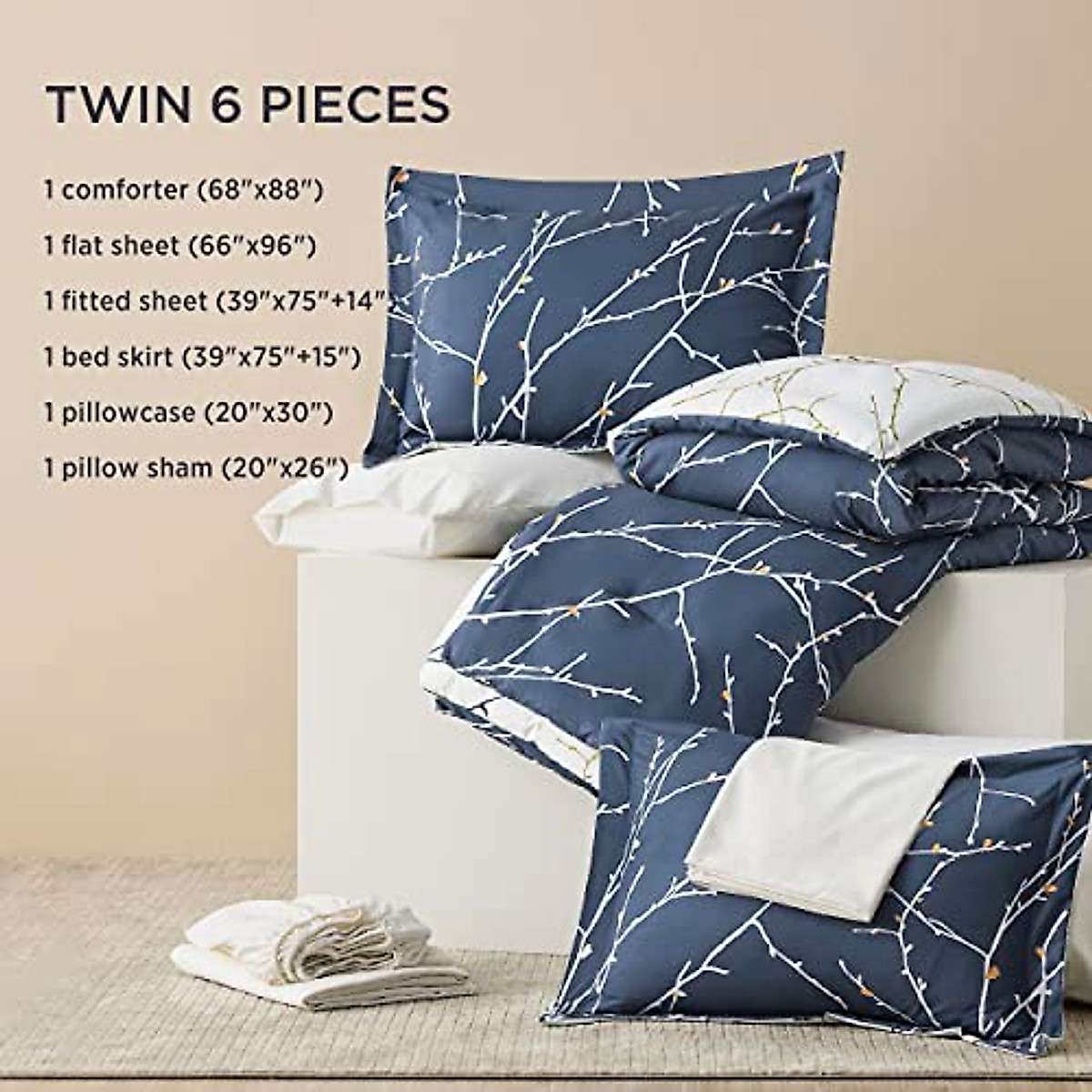 Bedsure Twin Comforter Set - Twin Bed Set 5 Pieces, Reversible Navy Blue Bed in a Bag Tree Branch Pattern Printed with Comforter Twin Size, Sheets, Pillowcase & Sham