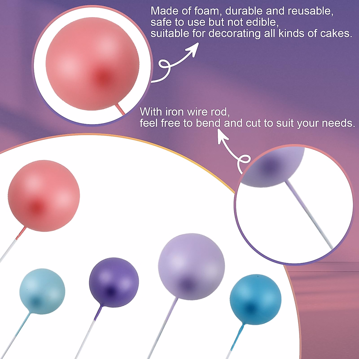 Acmee 115 PCS Ball Cake Toppers - Mini Balloon Cake Decorations Foam Ball Cupcake Picks DIY Cake Insert Toppers for Birthday Party Wedding Baby Shower - Pink Purple Blue