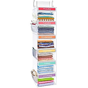 Fixwal 6-Shelf Weekly Hanging Closet Organizer with 6 Side Pockets Collapsible Weekday Kids Closet Daily Clothes Organizer Hanging Storage Shelves (White)