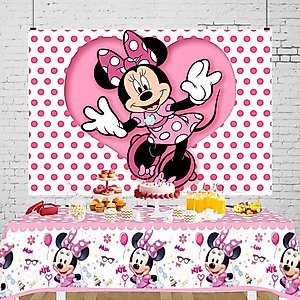 Pink Mouse Backdrop and Mouse Tablecloth for Girls Birthday Party Decorations Mouse Birthday Party Photography Background Banner with Table Covers for Girls Baby Shower Party Supplies (6x4ft)