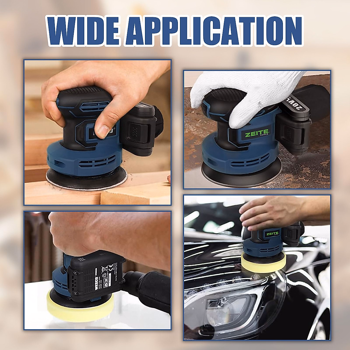 ZEITE 5 Inch 20V 2.0Ah Orbital Sander Cordless, 6 Variable Speed 3,000-11,000 OPM Electric Sander for Woodworking, 12Pcs Sandpaper Polishing Pad, Efficient Dust Extractor for DIY Sanding Polishing