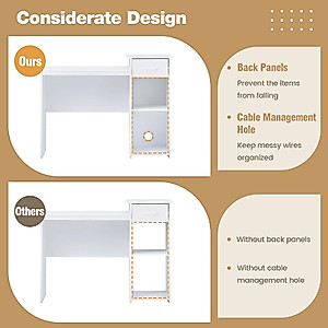 GOFLAME Computer Desk with Drawer, Modern Laptop PC Desk with Adjustable Shelf & Cable Hole, Compact Writing Desk Study Desk with Monitor Stand, Wooden Computer Workstation for Home Office, White