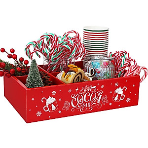 Soaoo Christmas Hot Cocoa Red Wood Station Organizer with 4 Compartment Removable Dividers Vintage Bar Storage Bin Decorative Open Holder Box Organizer Bins for Xmas Holiday Gift Office Supplies