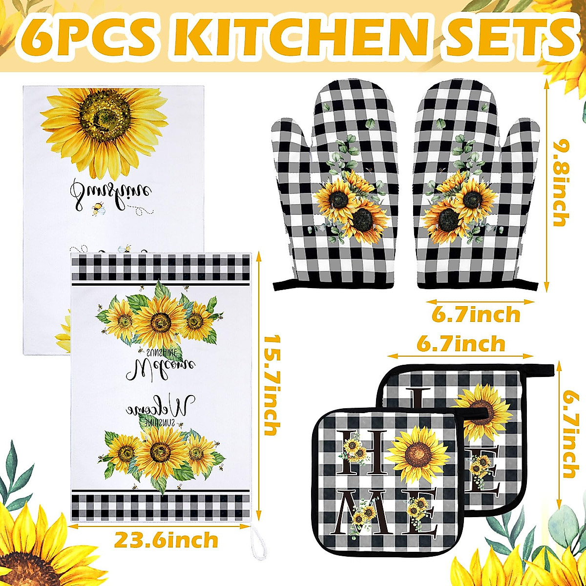 Bencailor 6 Pcs Kitchen Decor Pot Holders Oven Mitts 2 Dish Towels 2 Farmhouse Cooking Mittens Oven Glove 2 Potholder for Baking Cooking Grilling Supply Accessories(Yellow,Sunflower)