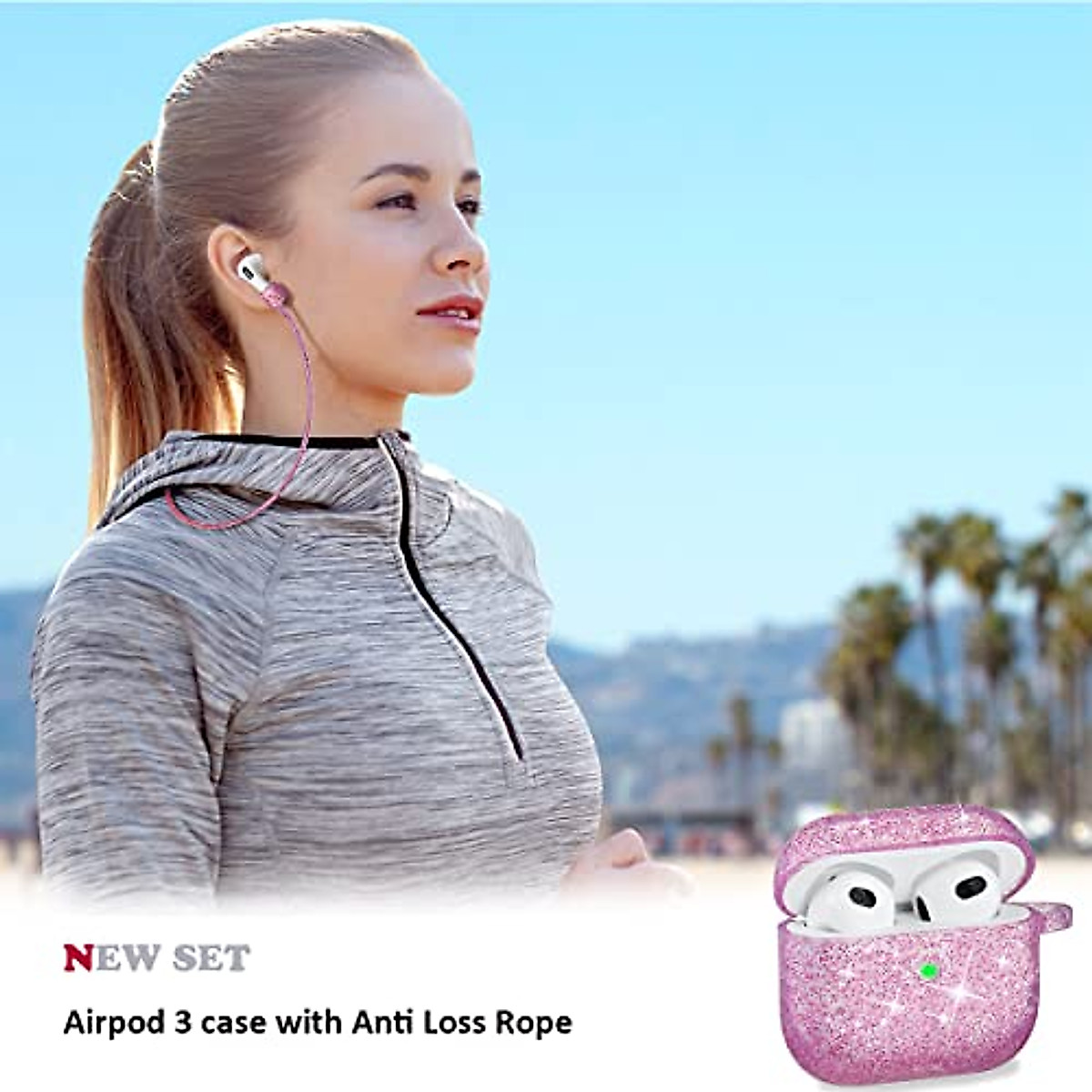 Airpods Case, DMMG Airpods 3 Case Cover Silicone Skin for Girls Women,AirPods Protective Cute Bling Glitter Case with Fluff Ball Keychain,Scratch Proof for Airpod 3rd Generation (Rose Gold)