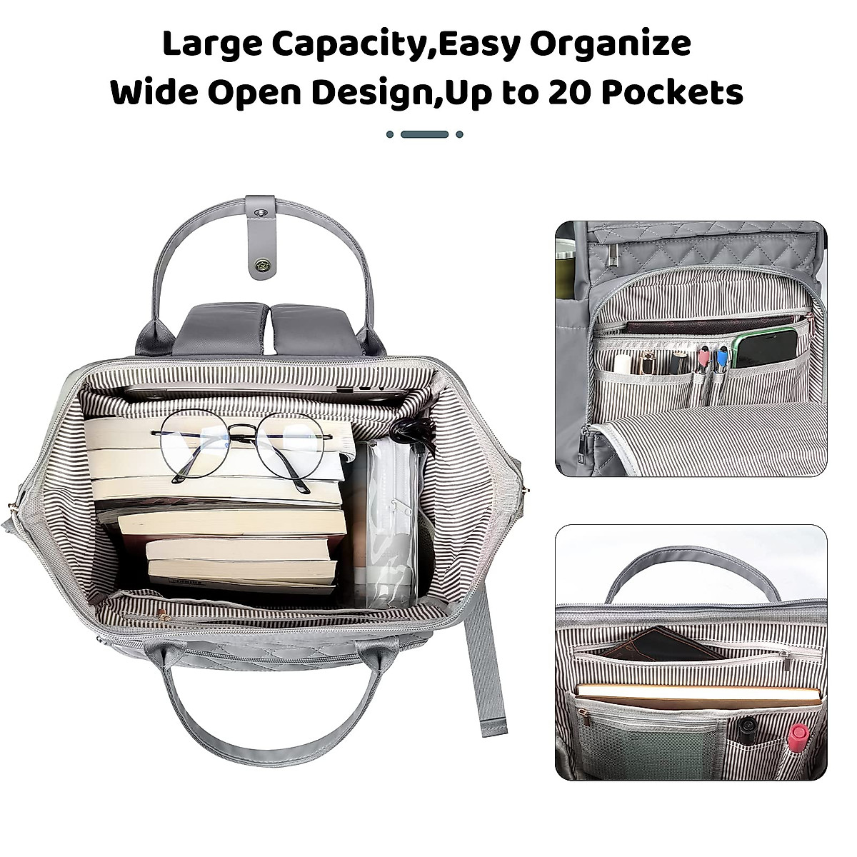 RJEU Women Backpack,Work Computer Bag for Nurse Teacher with USB Charger,Girls High School Backpack Cute Laptop Tote Backpack for Travel Office,Grey