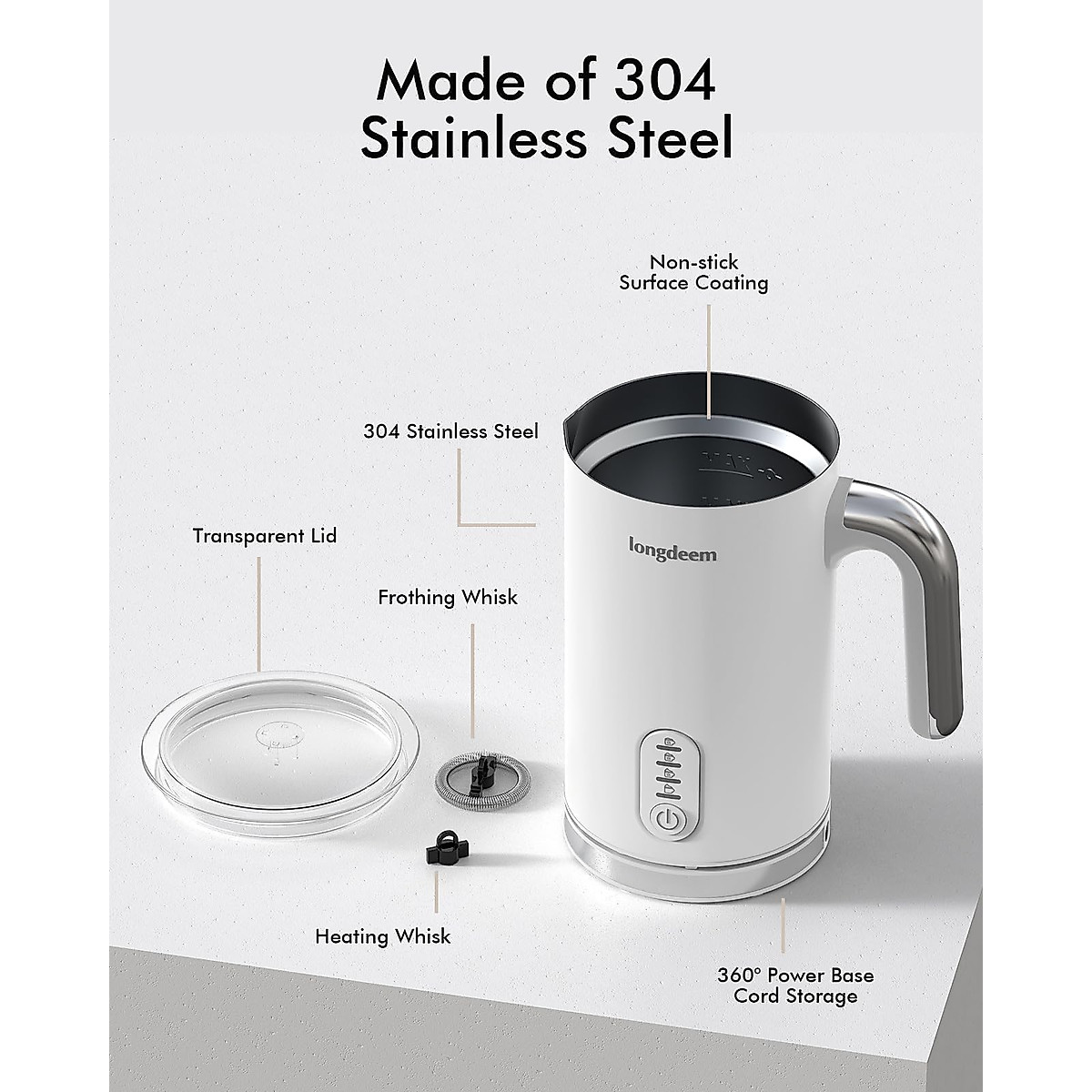 LONGDEEM Milk Frother, 4-in-1 Electric Milk Foamer with Cold & Hot Froth for Latte Cappuccino - Automatic Coffee Foam Maker, Stainless Steel, 10 oz/5 oz, Non-Stick Coating with Auto Shut-Off, White