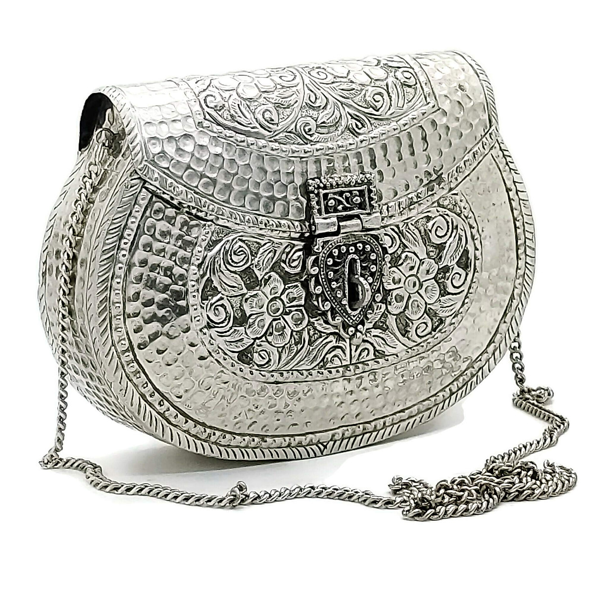 Jiya Indian Brass Handmade Bridal Women's Antique Brass Purse Ethnic Metal Clutch Gift (Silver)