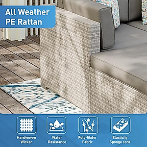 SUNBURY 5-Pieces Outdoor Furniture Set, All-Weather Wicker Patio Conversation Sets Sectional Sofa w 3 Pillows, Cushions, Coffee Table, Ottoman, Patio Furniture Set for Backyard Garden Pool (Grey)