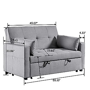 Haplized Loveseat Sleeper Sofa Bed, Light Grey Linen Fabric Convertible Sleeper Sofa with Pull-Out Couch Bed & Adjustable Cushions Backrest, Reclining Loveseat with Side Pocket for Living Room
