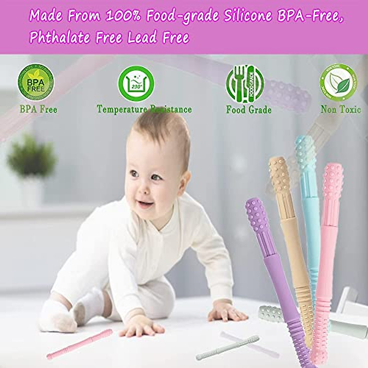 Hollow Teether Tubes, Honboom 5 Packs Soft Silicone Teething Tubes, Baby Soothing Teether Toy, Chew Straw Toy for Babies 0-12 Months with a Cleaning Brush, Dishwasher Safe (6.6in)