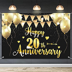 HAMIGAR 6x4ft Happy 20th Anniversary Banner Backdrop - 20 Wedding Anniversary Decorations Party Supplies - Black Gold