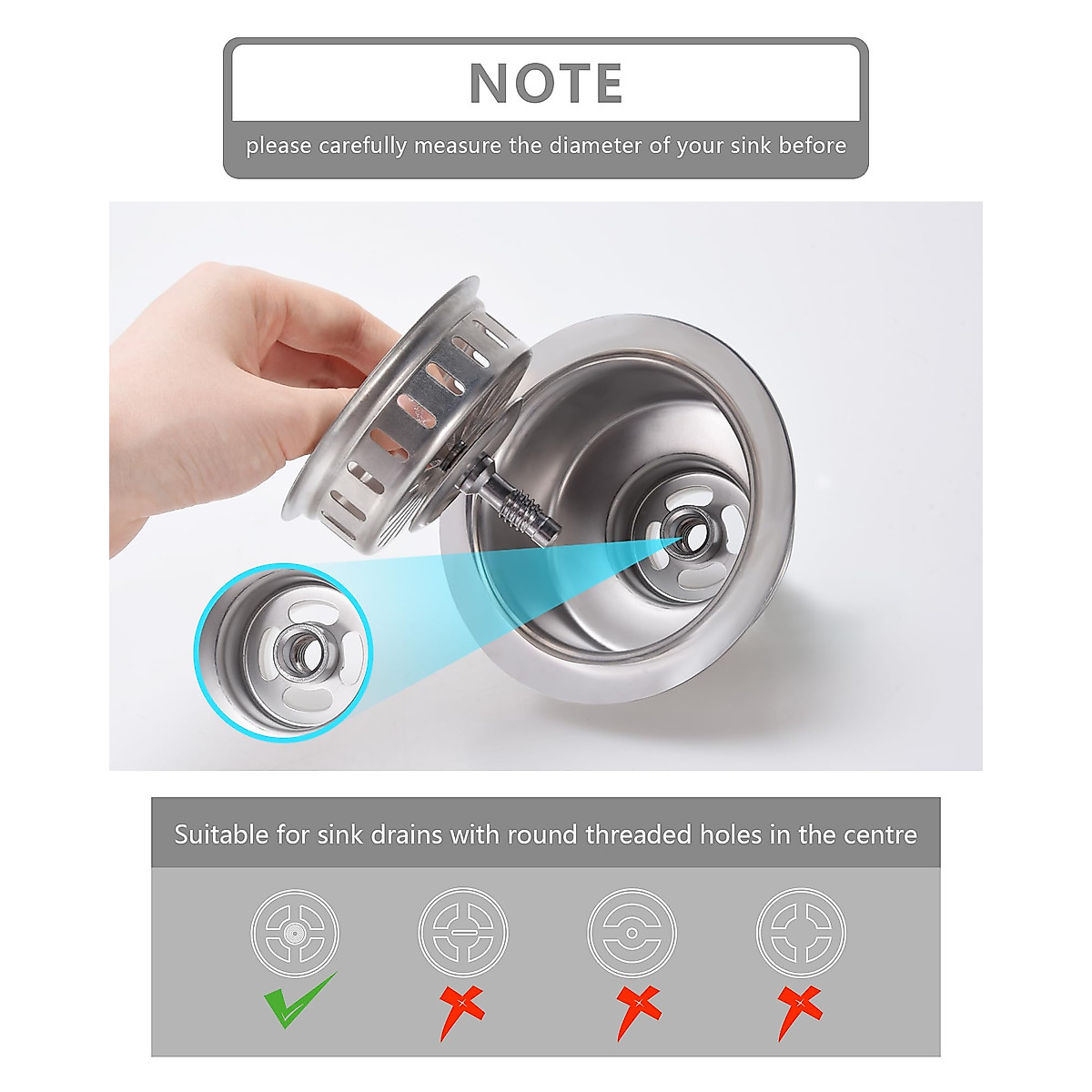 KONE Kitchen Sink Stopper Strainer Replacement for Standard 3-1/2 Inch Spin and Seal Drains with Threaded Stopper Function, Stainless Steel Sink Strainer, Twist Lock Basket Strainer Replacement