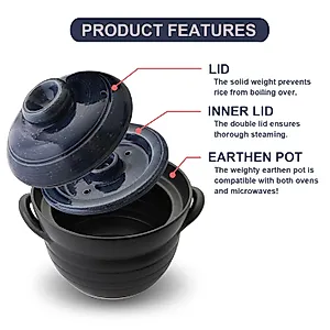 Banko-ware Donabe Japanese Earthenware Rice Pot with Double-Lid Technology – Elegant Jet-Black & Blue Design – Ensures Fluffy Rice Every Time – Includes English Manual – Made in Japan (3-5 per)