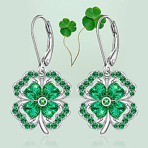 St Patricks Day Shamrock Earrings for Women Irish Four Leaf Clover Earrings Sterling Silver Leverback Celtic Lucky Green Shamrock Jewelry