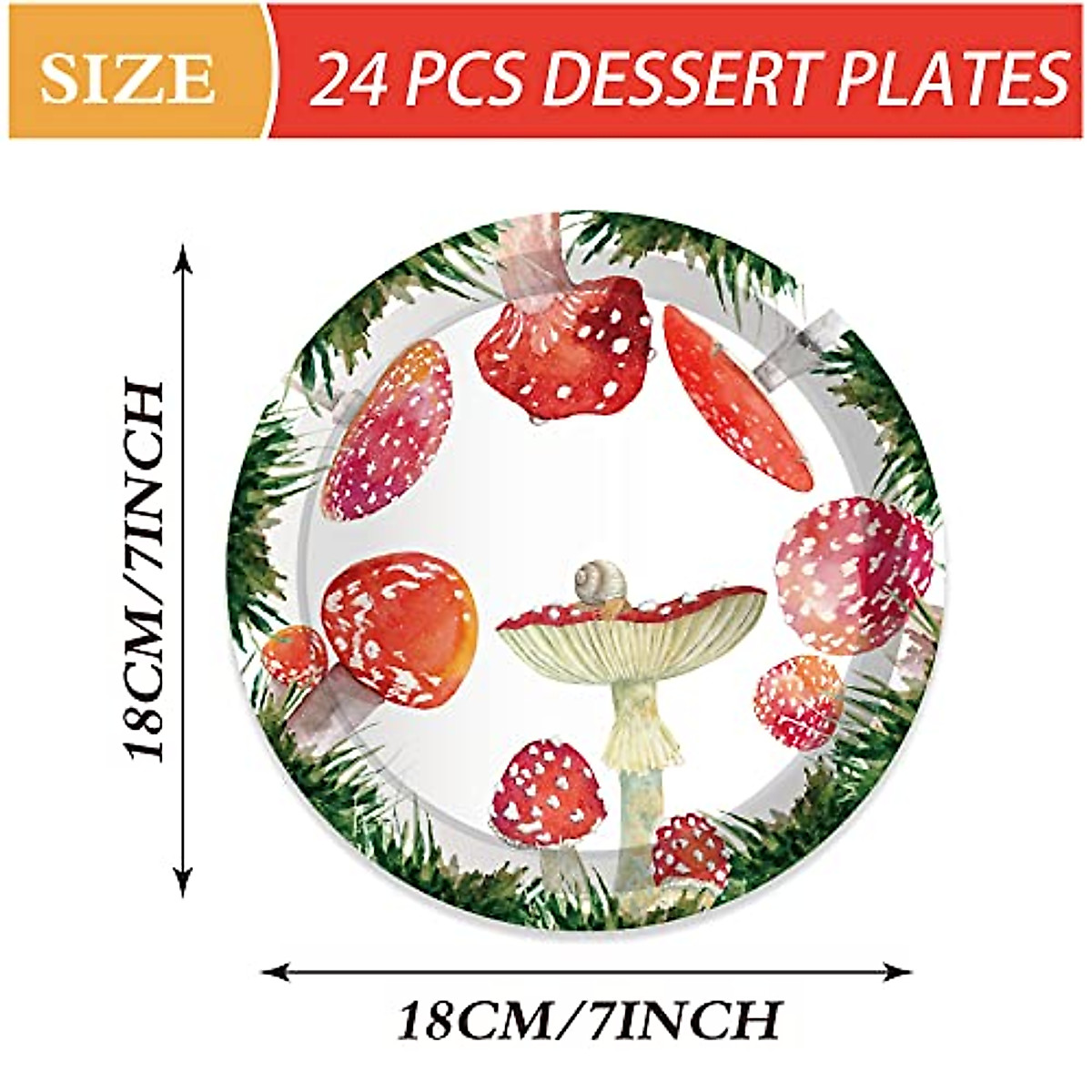 OXYLIPO 7" Red Mushroom Paper Plates Celebrate Party Tableware Round Disposable Dinner Paper Plates Set Red Mushroom Theme Party Paper Plates Festival Party Supplies, Pack of 24