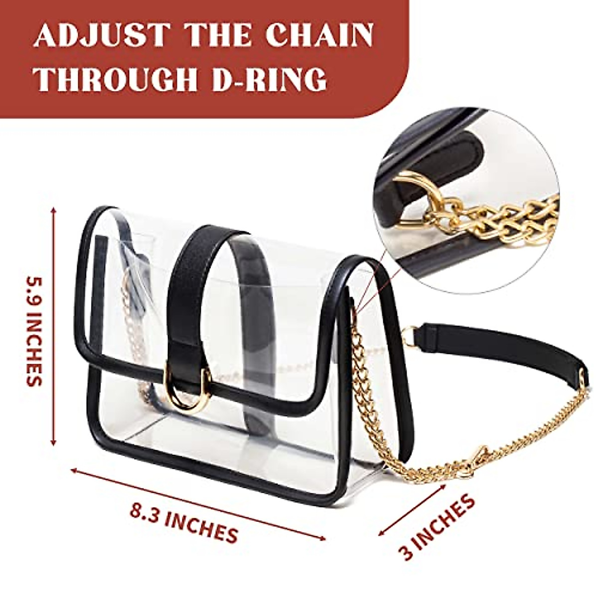 Vorspack Clear Purse - Clear Bag Stadium Approved Clear Crossbody Bag Gift for Women with Adjustable Strap Clear Plastic Bag for Concert Sport Festival - Black