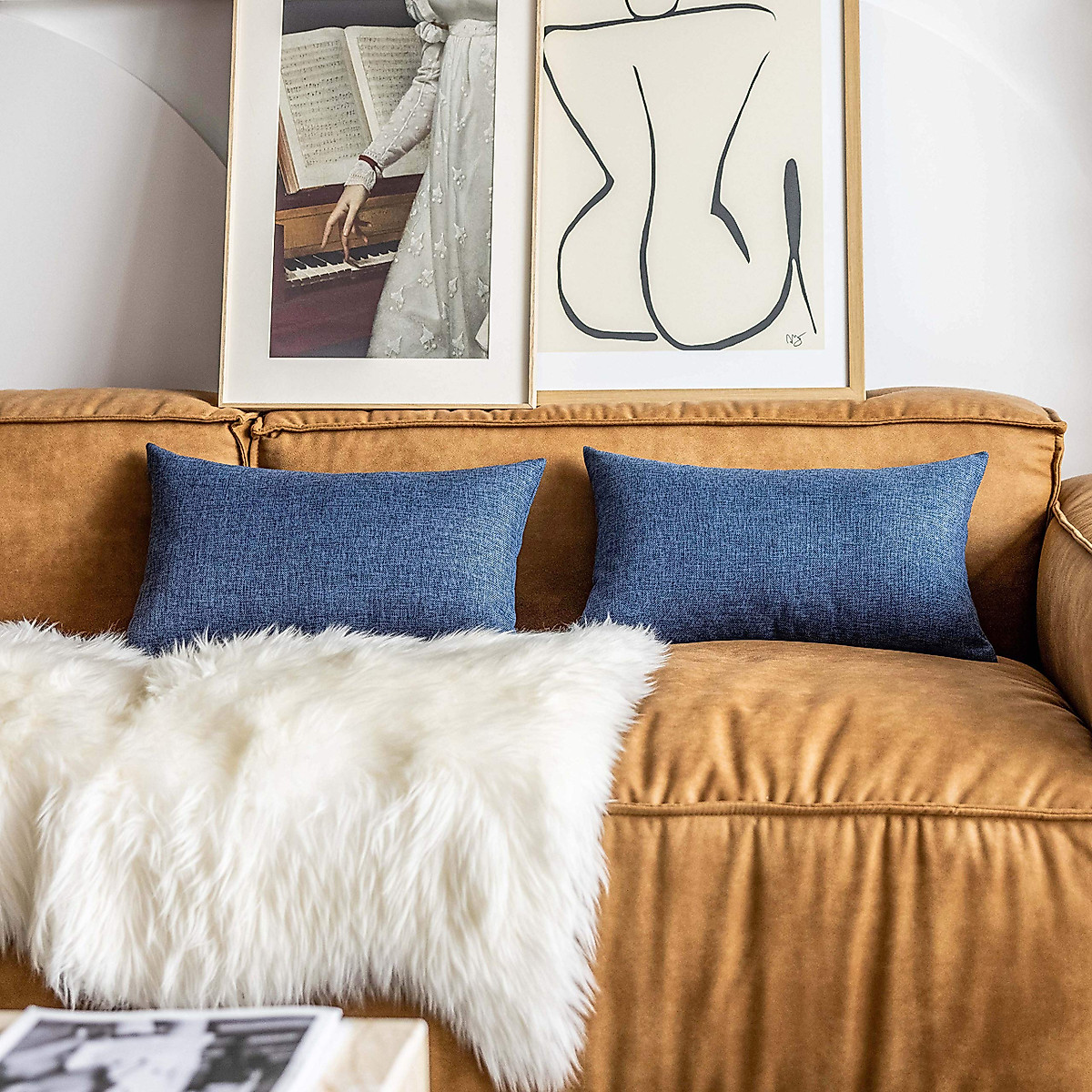 Demetex Lumbar Pillow Cover 12x20 Set of 2 Solid Linen Rectangle Cusion Covers Decorative Throw Pillows for Couch Bed Chair, 12x20 inch, Navy Blue