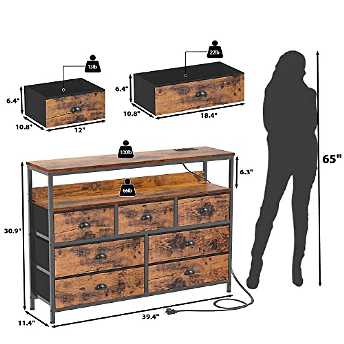 Furologee TV Stand with Power Outlets, Console Sofa Table with 7 Fabric Drawers and Shelves, Entertainment TV Media Center for 45" TV, Wide Storage Drawer Unit for Bedroom, Living Room