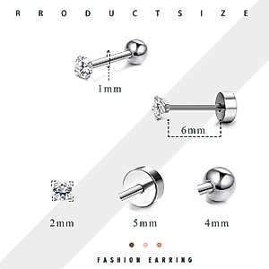 Drperfect 8 Pairs Cartilage Earring Stud for Womens Mens Tiny Stainless Steel Ear Stud Piercing CZ Screw Flat Back Barbell Stud Earrings 2-5mm